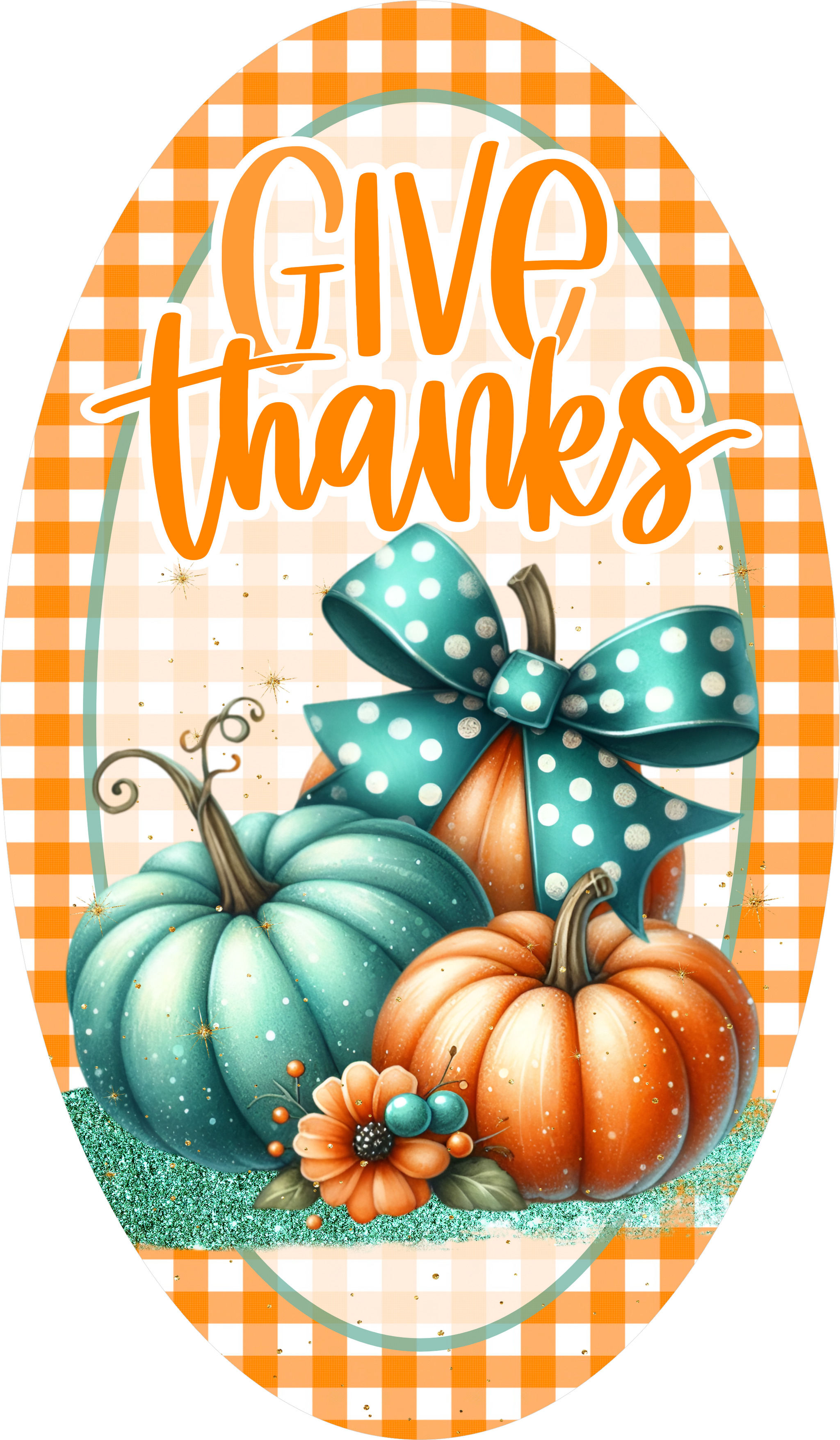 Give Thanks Pumpkin Sign, Teal and Orange Fall Decor with Polka Dot Bo