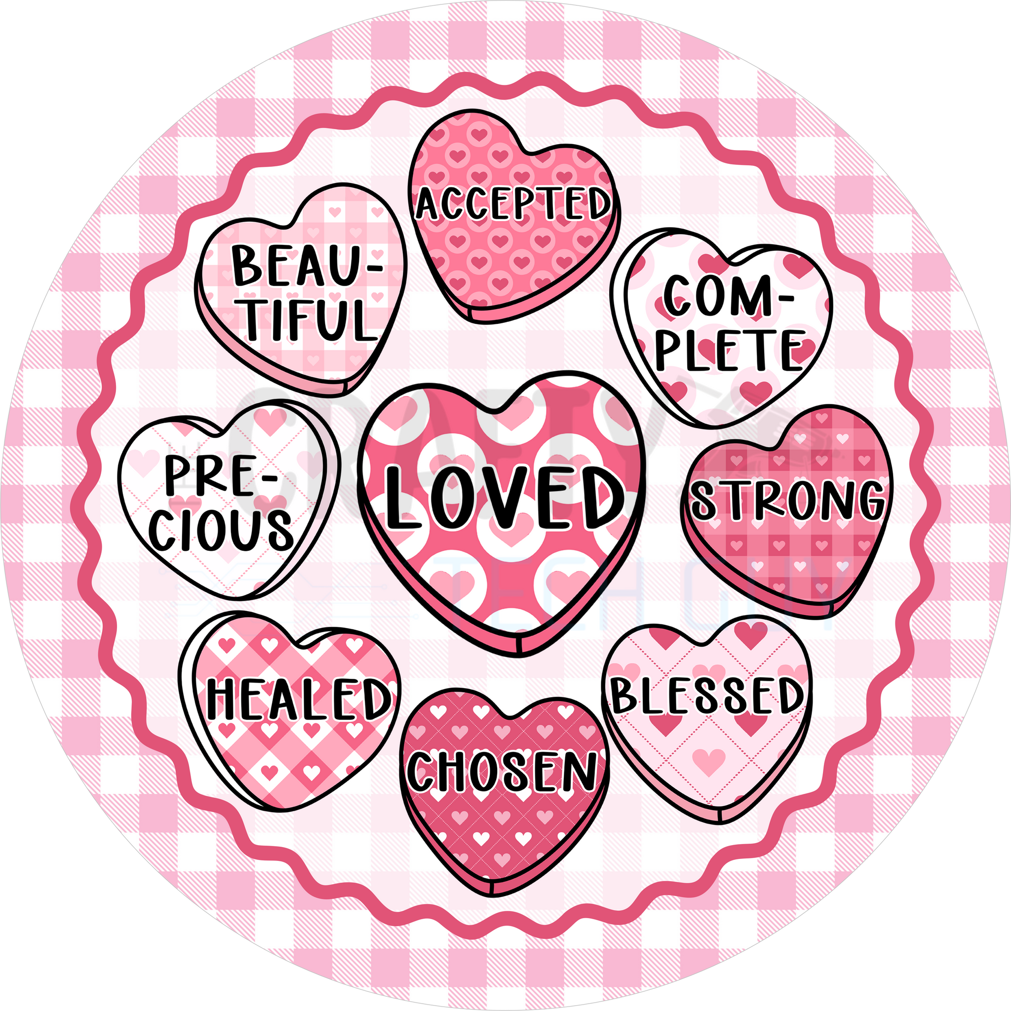 Encouragement Hearts Round Sign – Pink Gingham Affirmation Valentine R