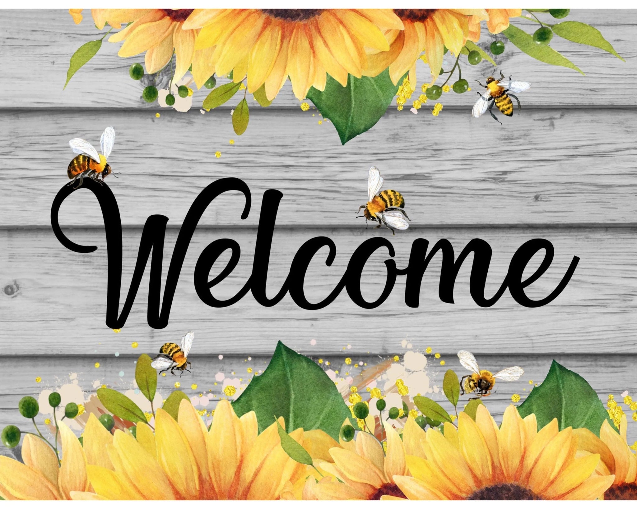 Farmhouse shiplap welcome sunflower wreath sign with bees, yellow sunf