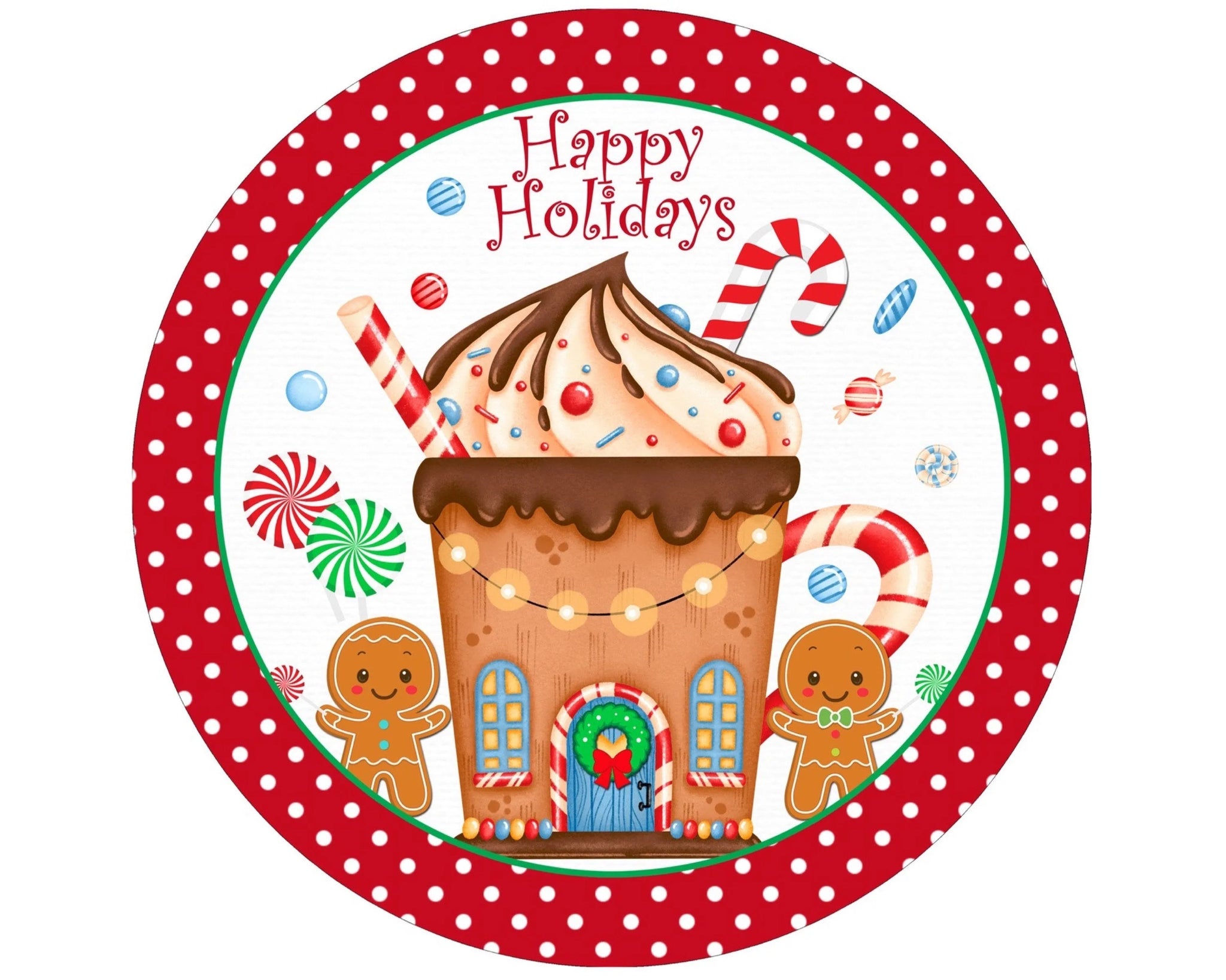 gingerbread house hot cocoa snowflakes Christmas wreath sign, gingerbr