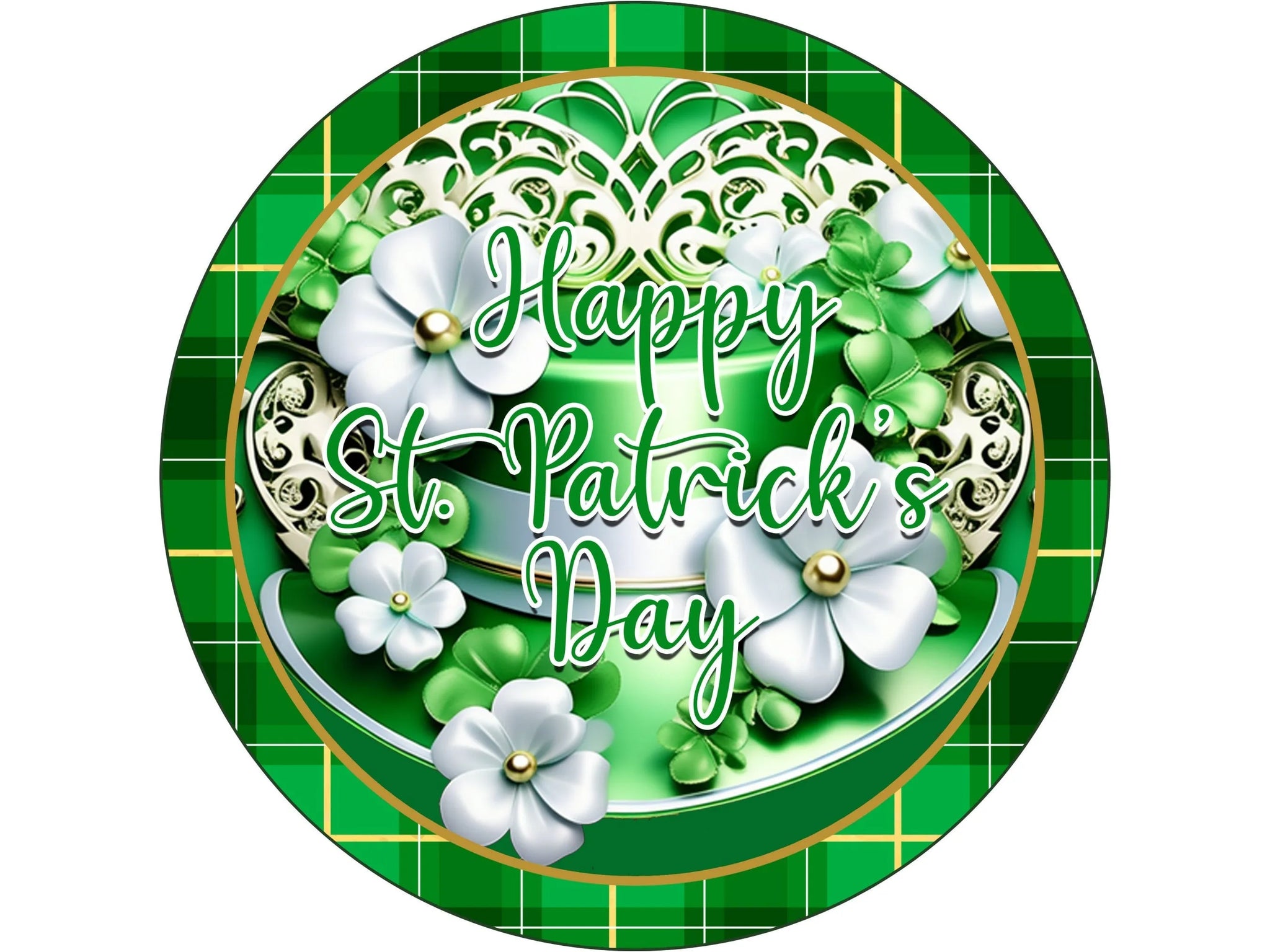 Happy St Patrick's Day green top hat wreath sign, Irish plaid white fl