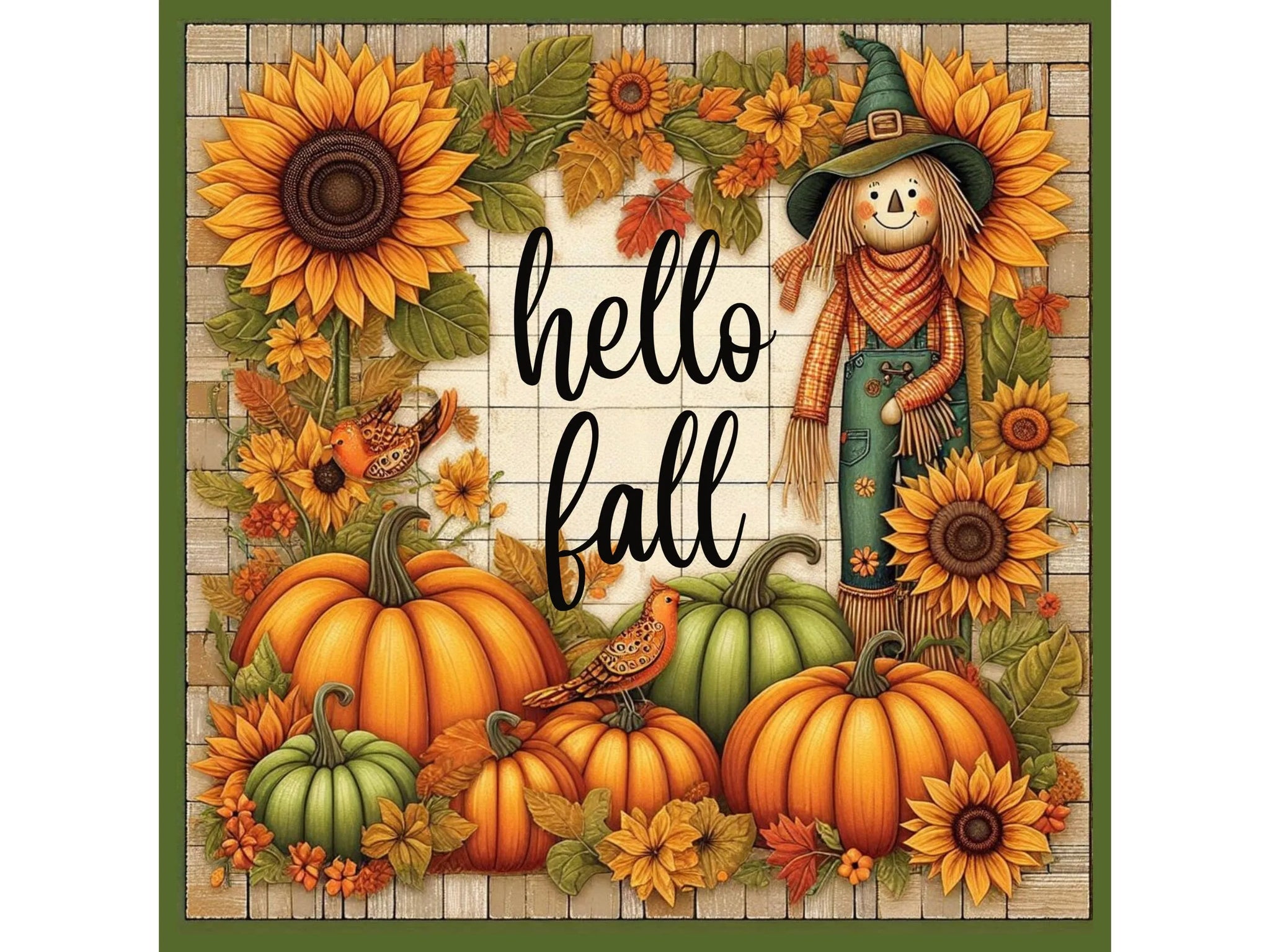 Hello Fall Scarecrow Sign, Metal Autumn Decor, Sunflowers and Pumpkins