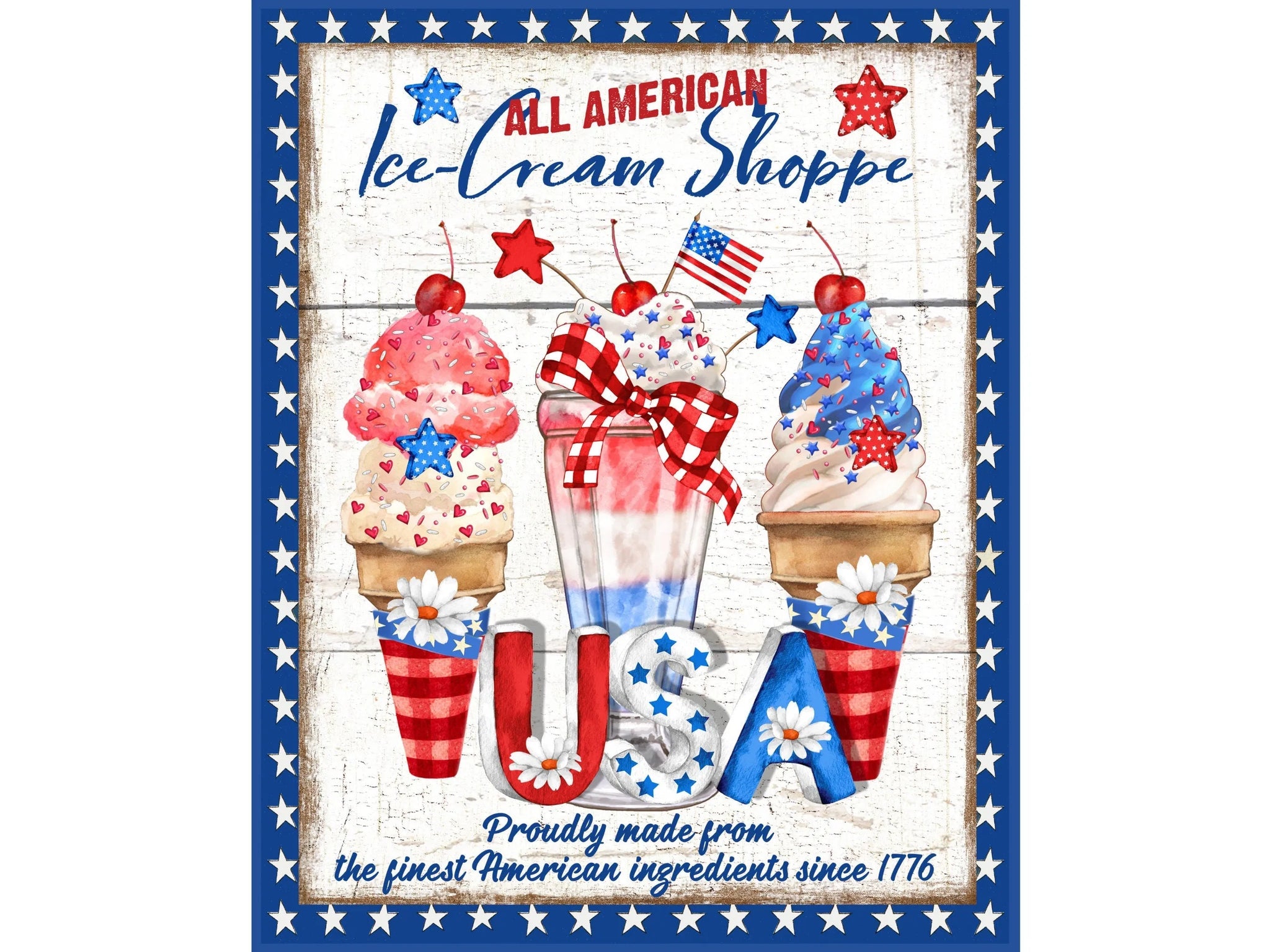 patriotic summer ice cream metal wreath sign, red white and blue froze