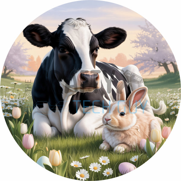 Cow and Bunny Easter Spring Meadow Round Wreath Sign