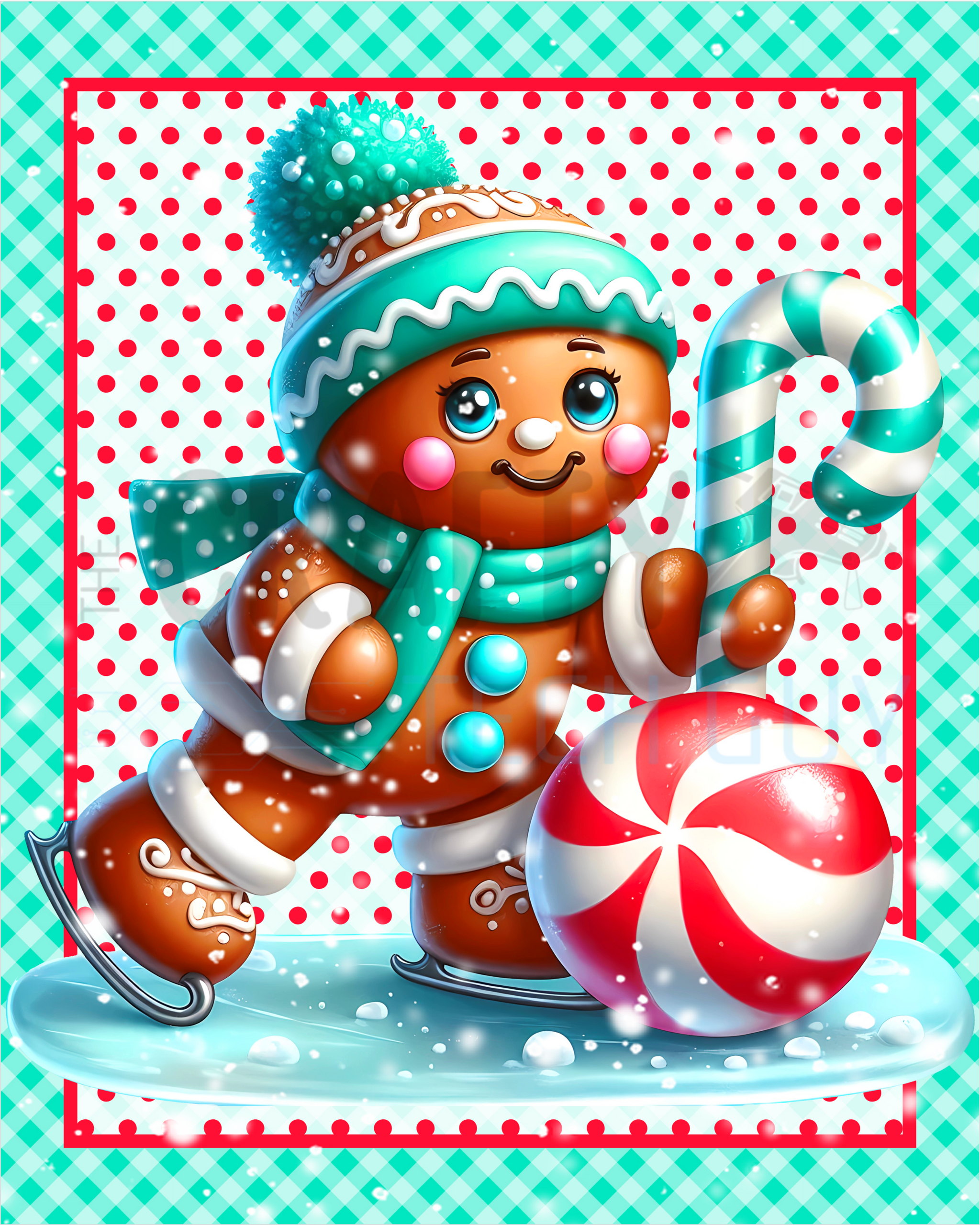 Ice Skating Gingerbread Man Sign with Candy Cane, Peppermint Wreath Ce