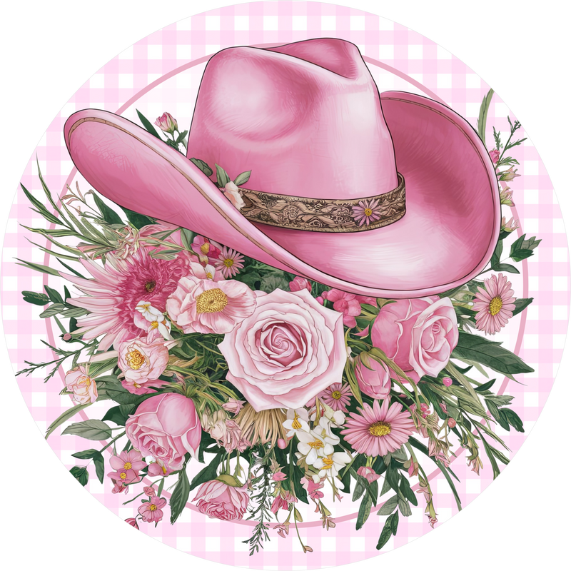 Pink Cowgirl Hat Floral Sign, Western Farmhouse Decor, Rustic Country