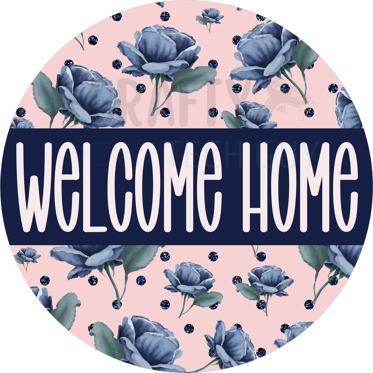 Navy Rose Floral Welcome Home Round Sign