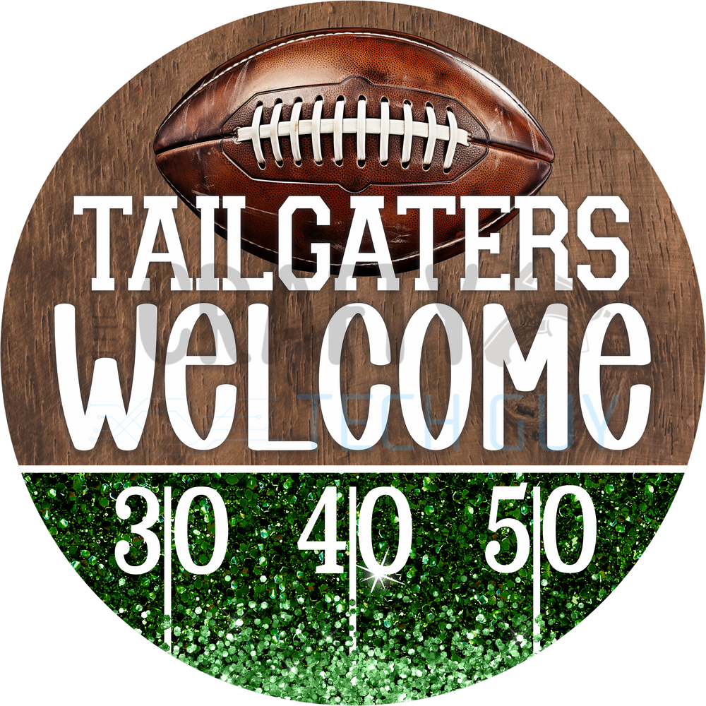 Tailgaters Welcome Football Round Wreath Sign – Green Glitter Field 30