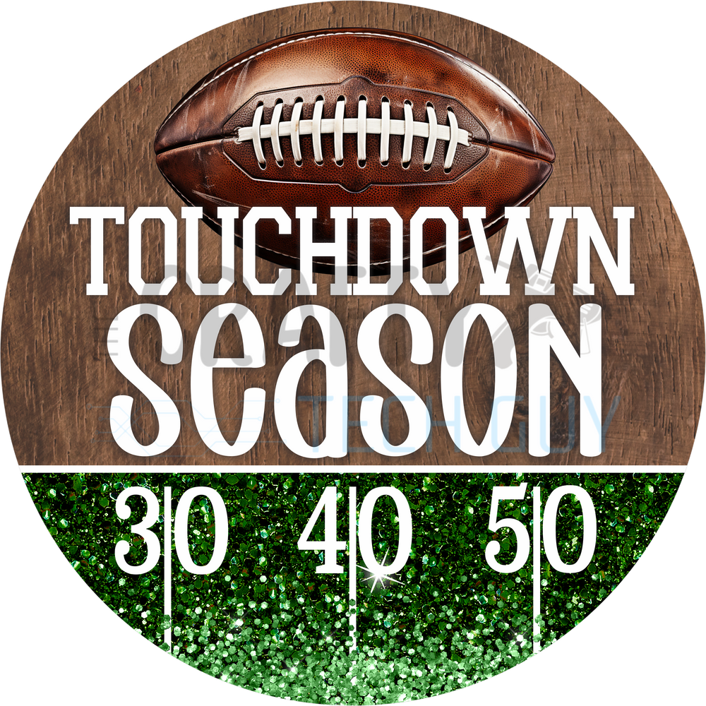 Touchdown Season Round Football Wreath Sign – Green Glitter Field 30-4
