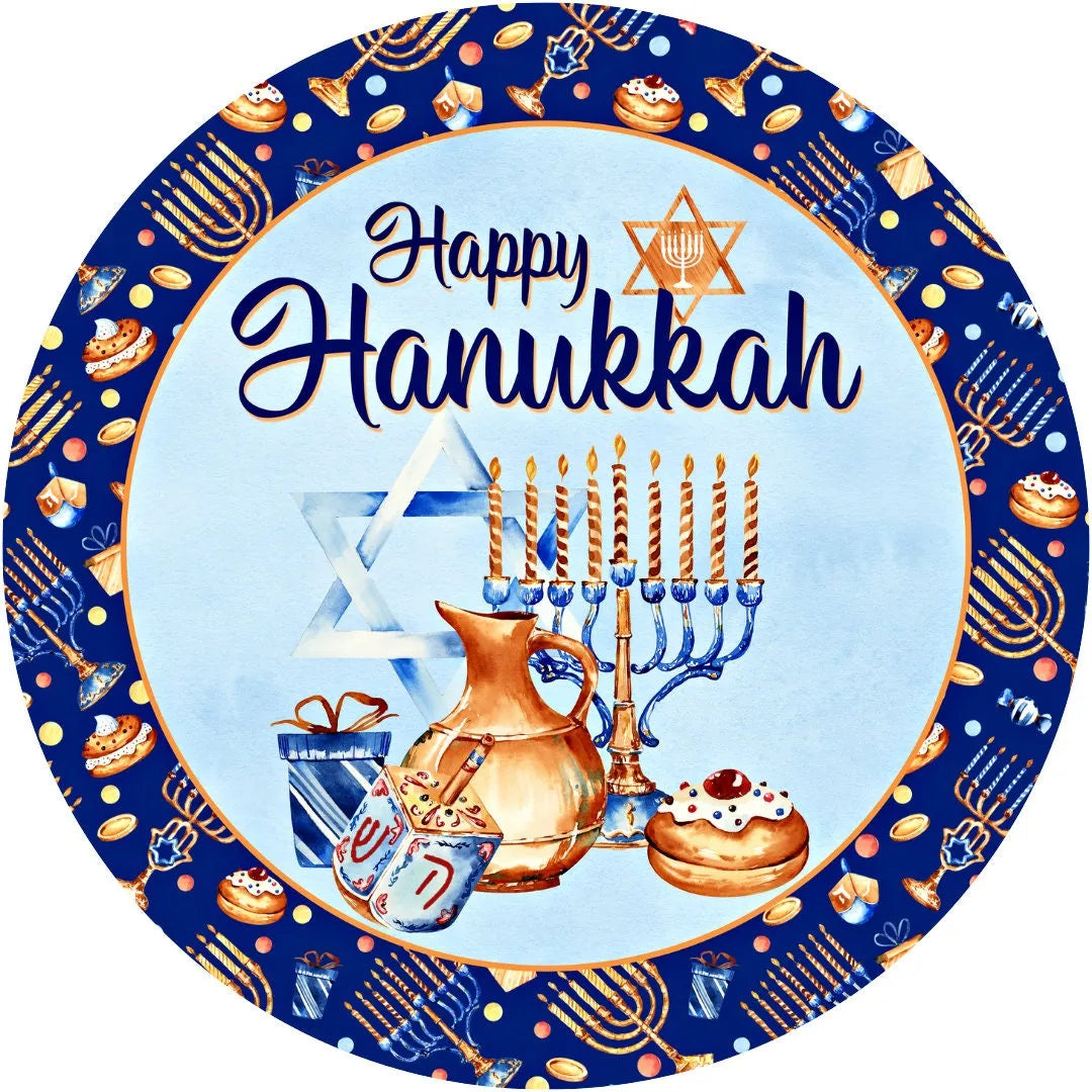Hanukkah Celebration Wall Sign, Menorah with Dreidel and Star of David