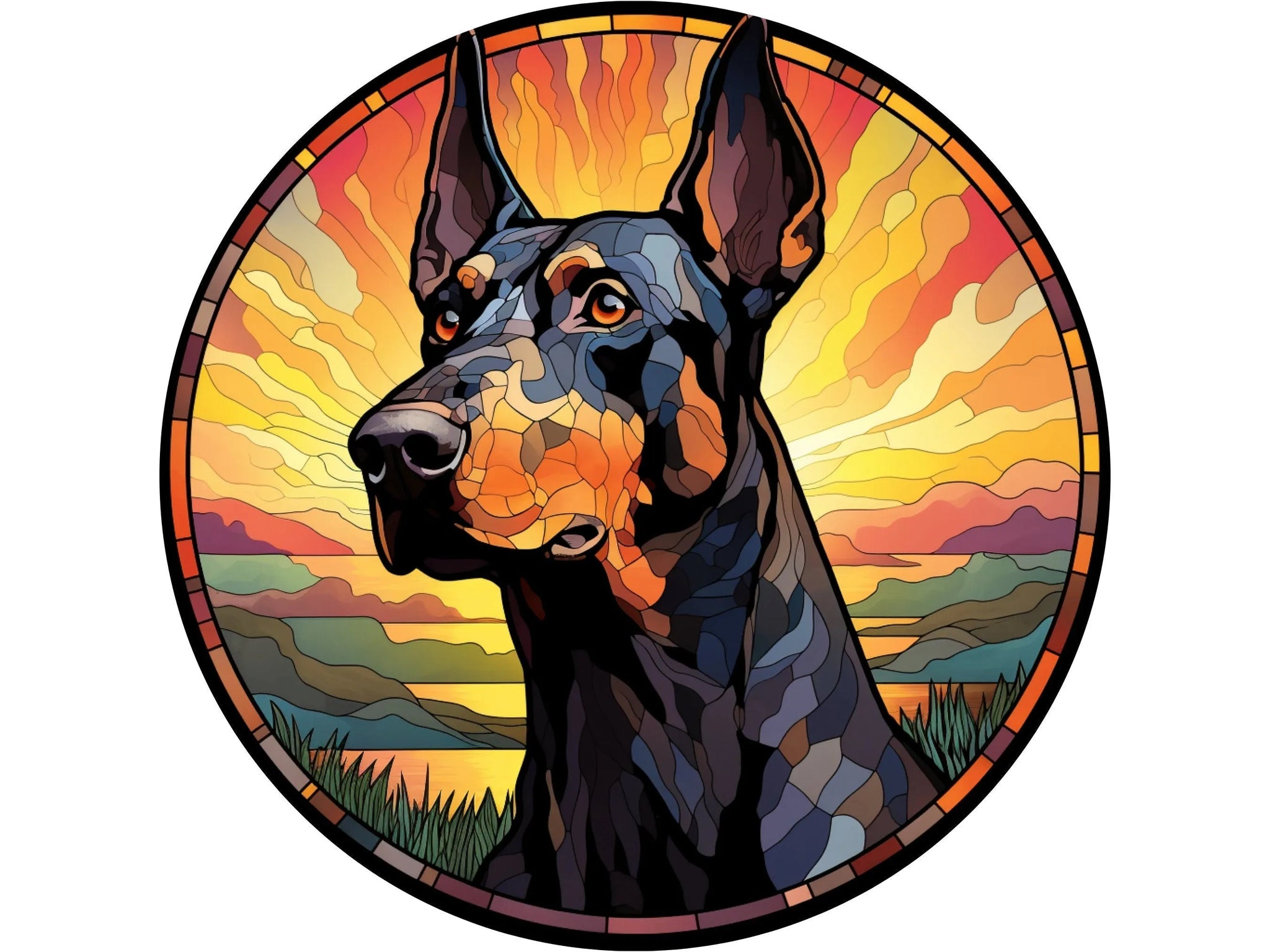 realistic stained glass Doberman Pincher dog sunset wreath sign, sign