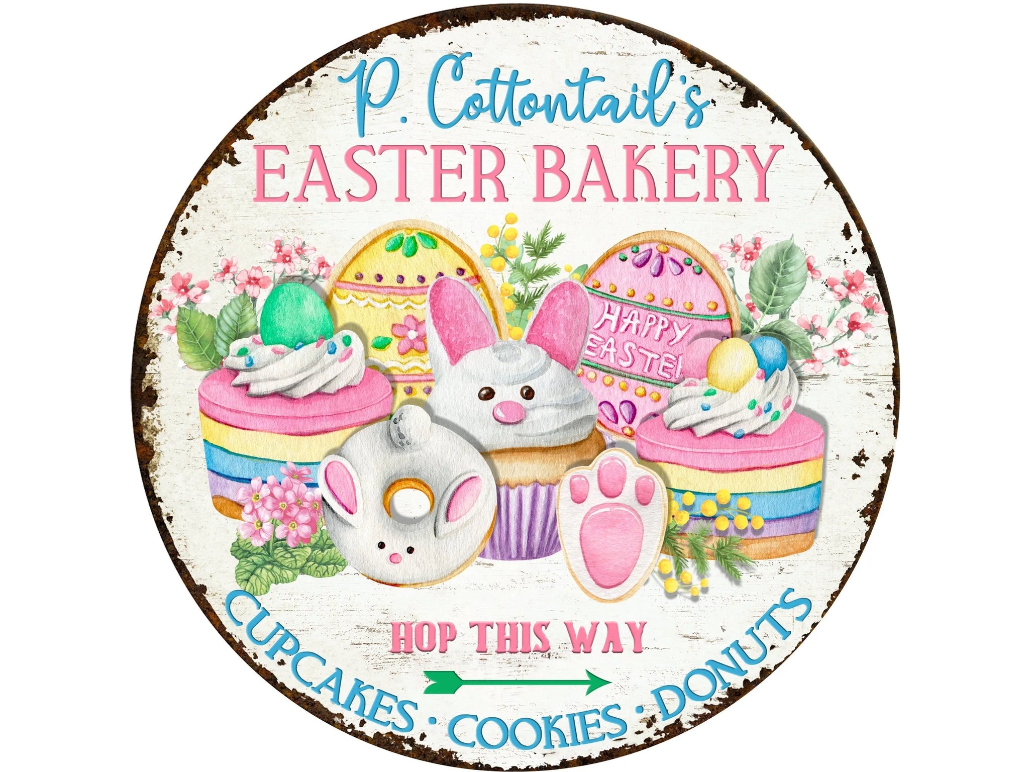rustic vintage Easter bakery wreath sign, bunny cookies and cupcakes d