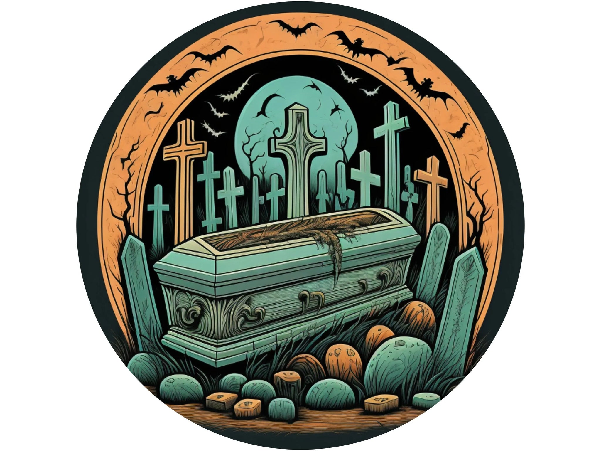 teal and orange retro coffin in a cemetery wreath sign, sign for Hallo