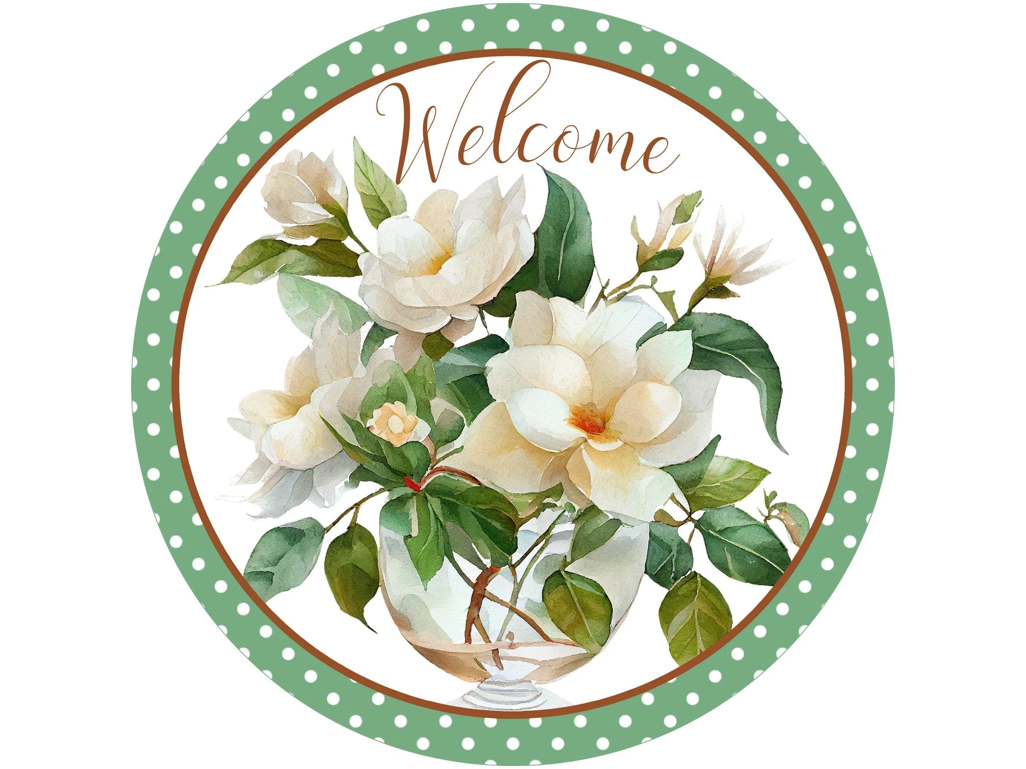 Welcome Magnolia in glass vase metal wreath sign, polka dot magnolia w